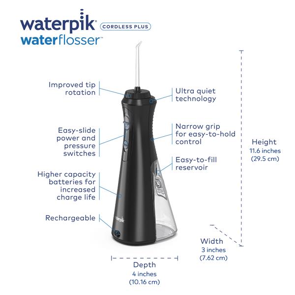 Waterpik Black Water Flosser Cordless Plus 4 Tips WP462 - HEMLOCK